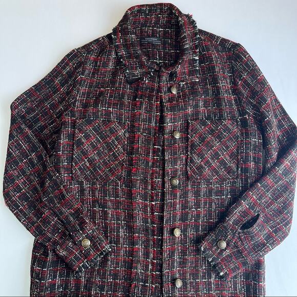 Zara | Jackets & Coats | Zara Tweed Fringe Shacket Shirt Jacket Red ...